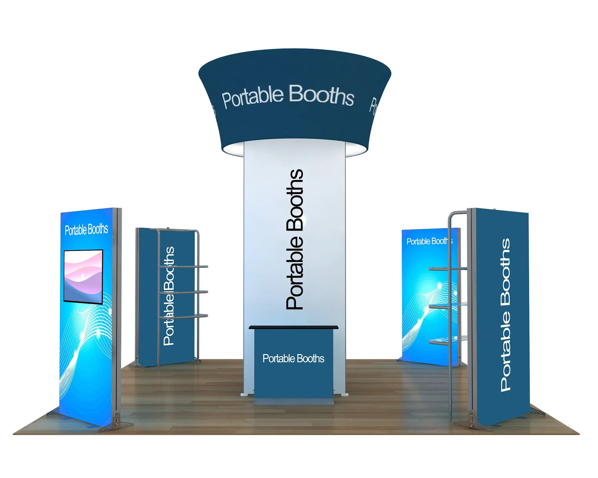 20 x 20 Exhibit With Center Tower and Four Light Boxes – Portable Booths